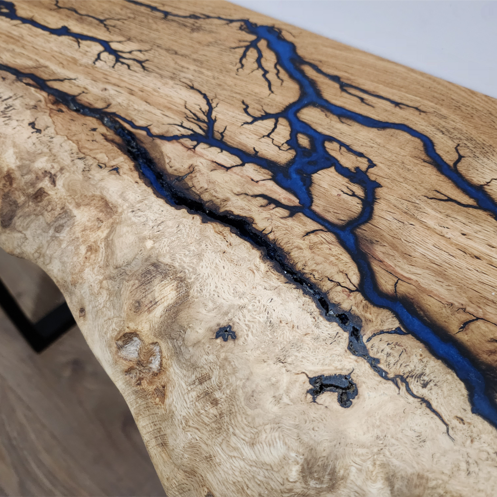 Resin Lichtenberg Figure Live Edge Oak Table Standard Depth with Squar ...